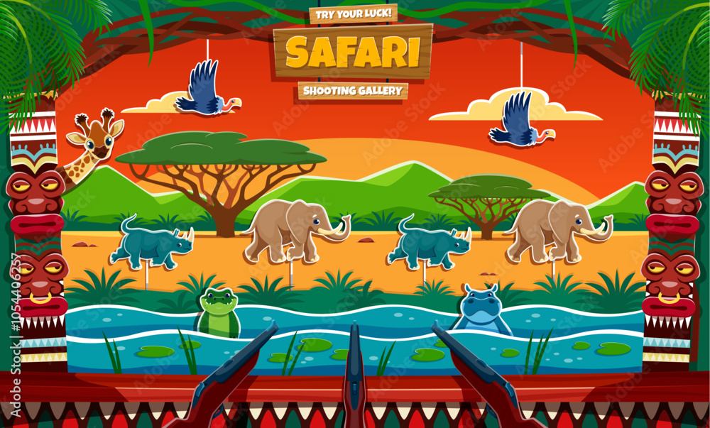 Safari hunting, carnival shoot game, shooting range in amusement park ...