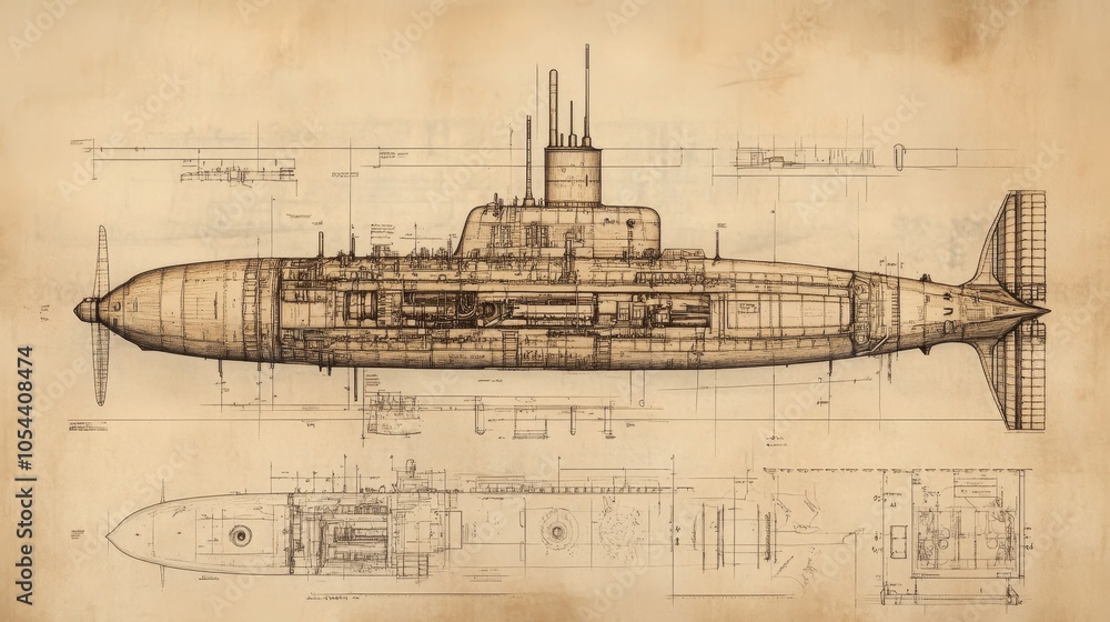This detailed technical blueprint of a submarine includes intricate ...