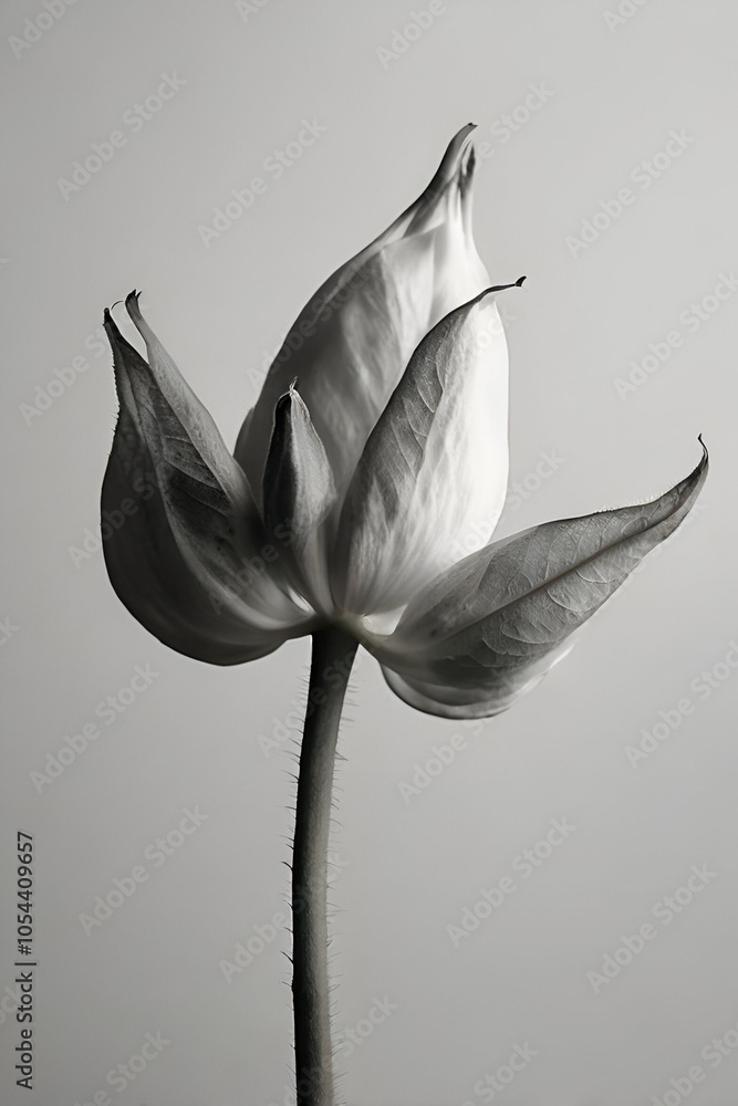 minimalist black and white drooping flower. flower stands vertically on ...