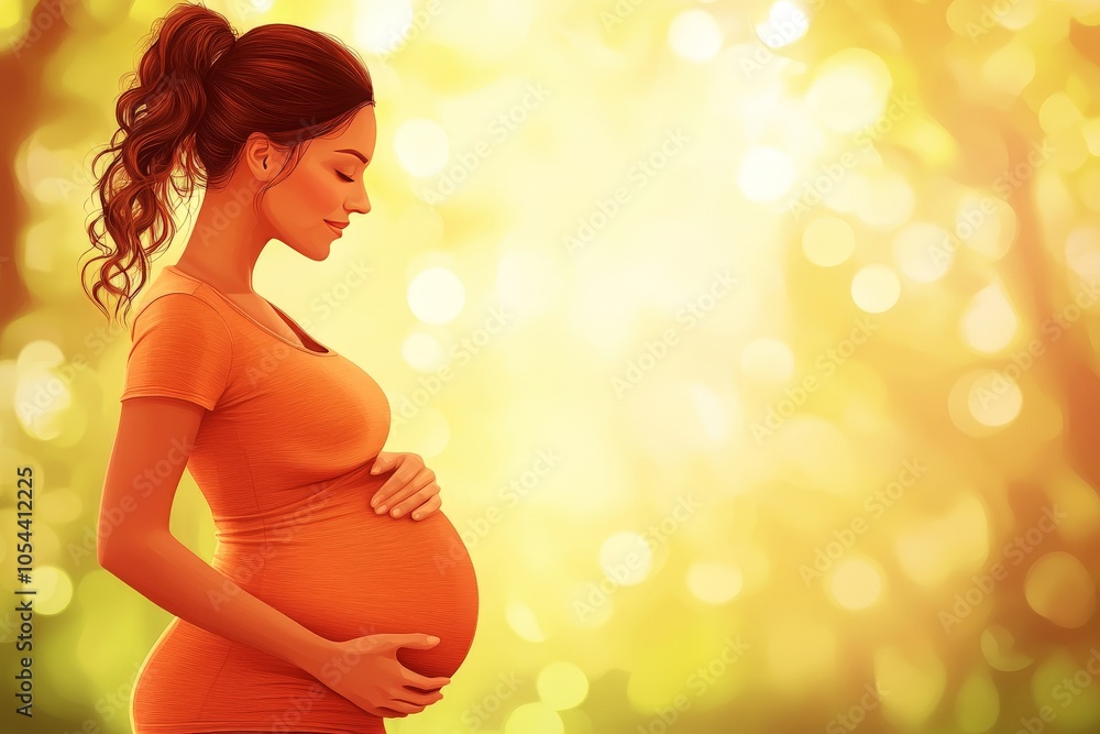 Pregnant woman in warm lighting hands on her belly standing against a ...