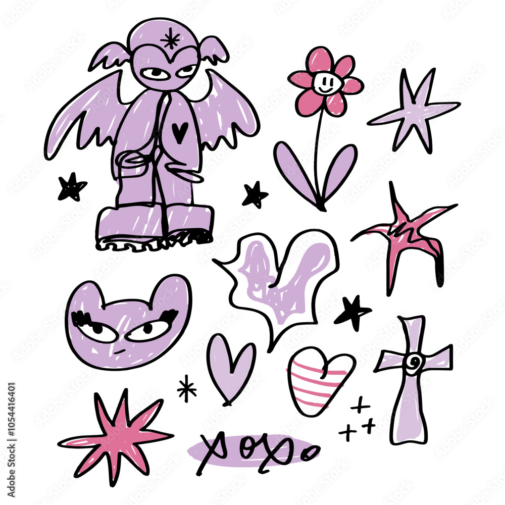 Groovy cartoon y2k cartoon sketch pack doodle illustration clipart set ...