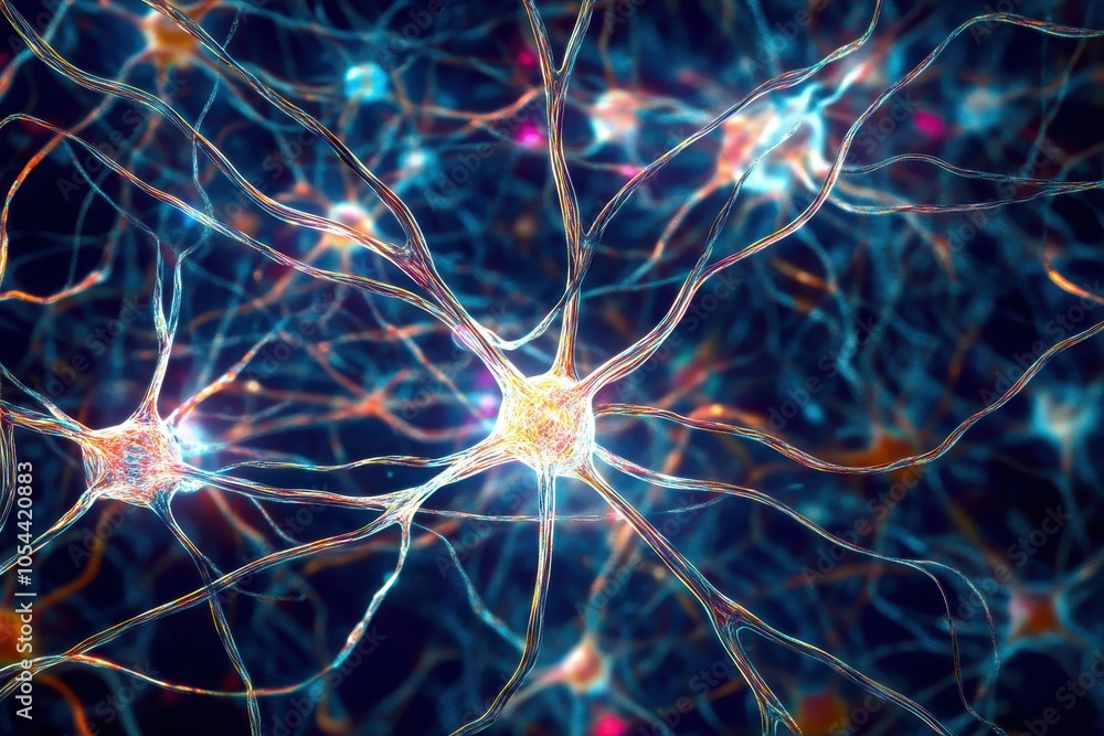 A close up of a brain with many neurons. The neurons are in different ...