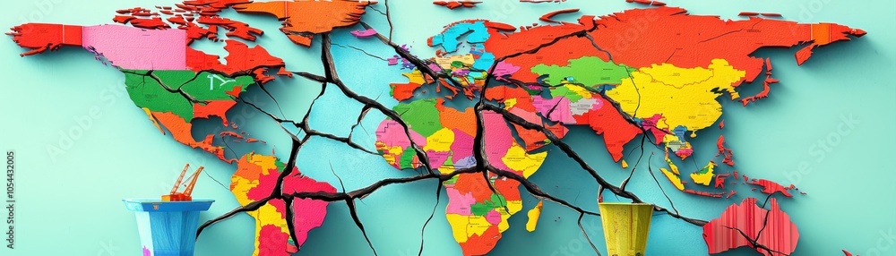 Colorful world map with cracks on a blue background, symbolic of global ...