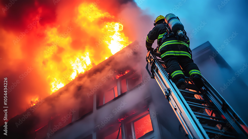 Firefighter climbing a ladder to rescue people from an upper floor of a ...