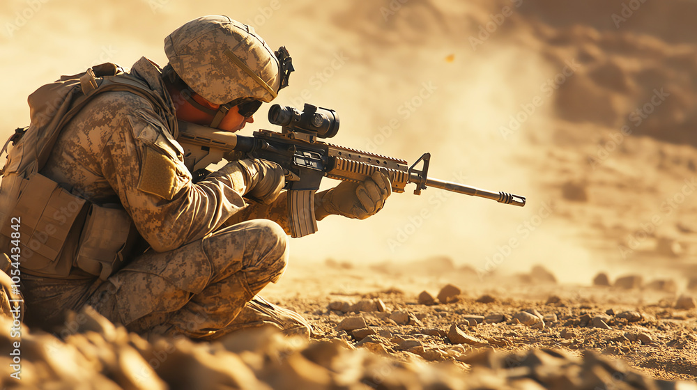 Soldier in combat gear crouching in a desert battlefield, holding a ...
