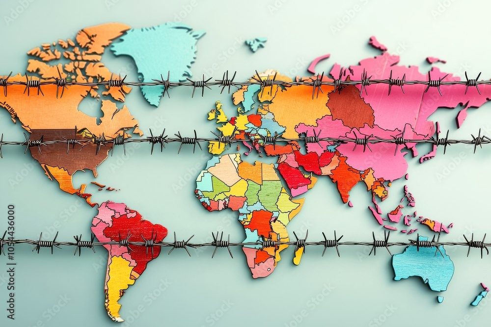 World map crafted with paper cutouts, layered with barbed wire ...