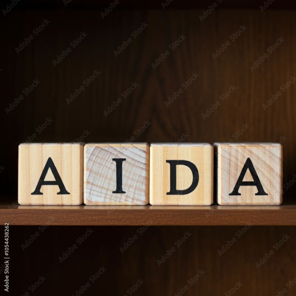Wooden alphabet blocks forming "AIDA" on table, representing attention ...