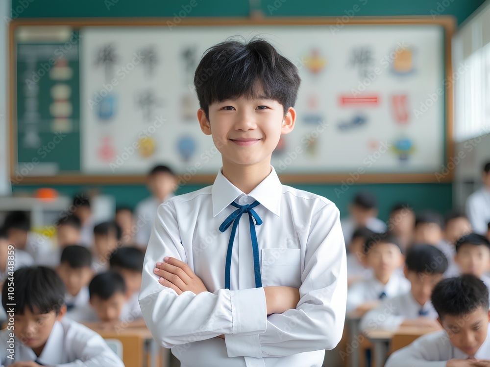 Smart Chinese Asian boy student wearing white uniform who scores A for ...