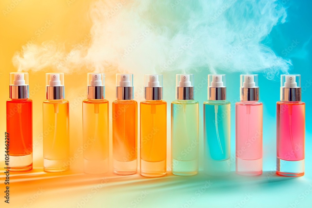 Vibrant row of colorful spray bottles releasing mist against a gradient ...
