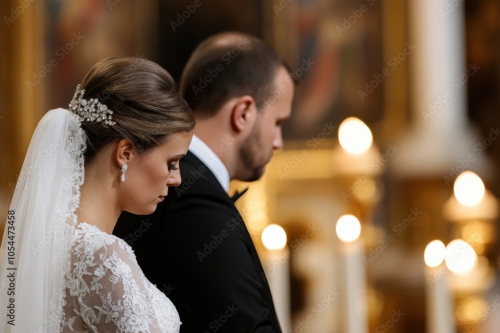 A newlywed couple immersed in heartfelt prayer, holding hands at the altar, showcasing a serene ...