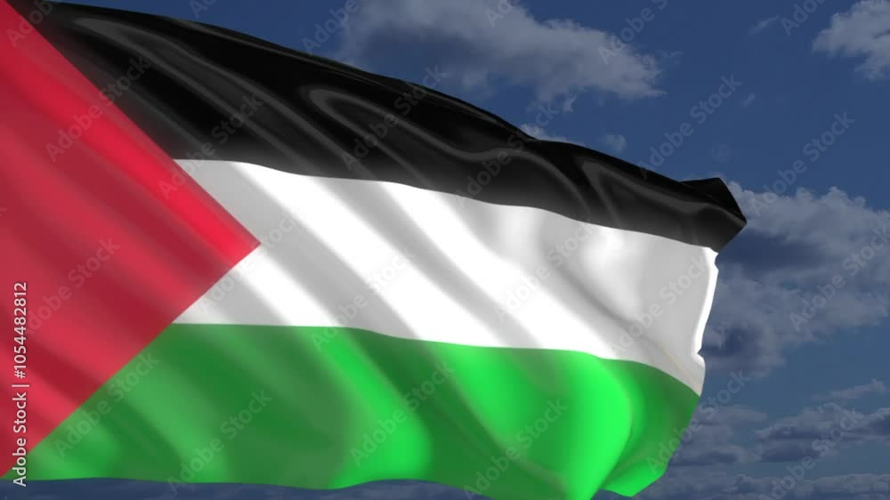 Palestine flag waving in front of blue clouds. The national flag ...