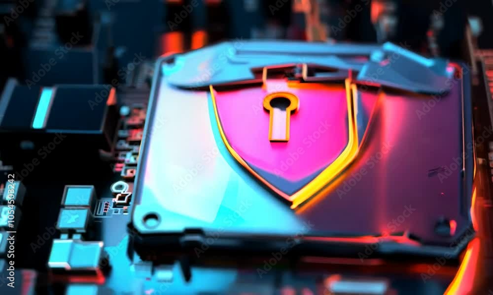A digital shield icon representing cybersecurity and data protection on ...