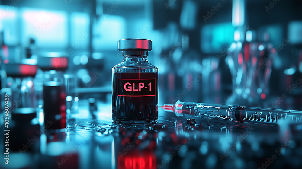 In a sterile lab environment, a bottle marked "GLP-1" is the ...