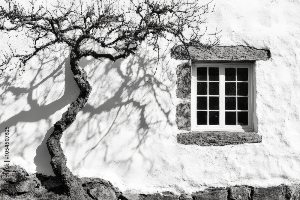 Twisted bare tree and rustic window on white stucco wall blending ...