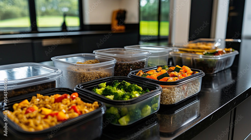 A countertop featuring an array of Tupperware containers filled with ...