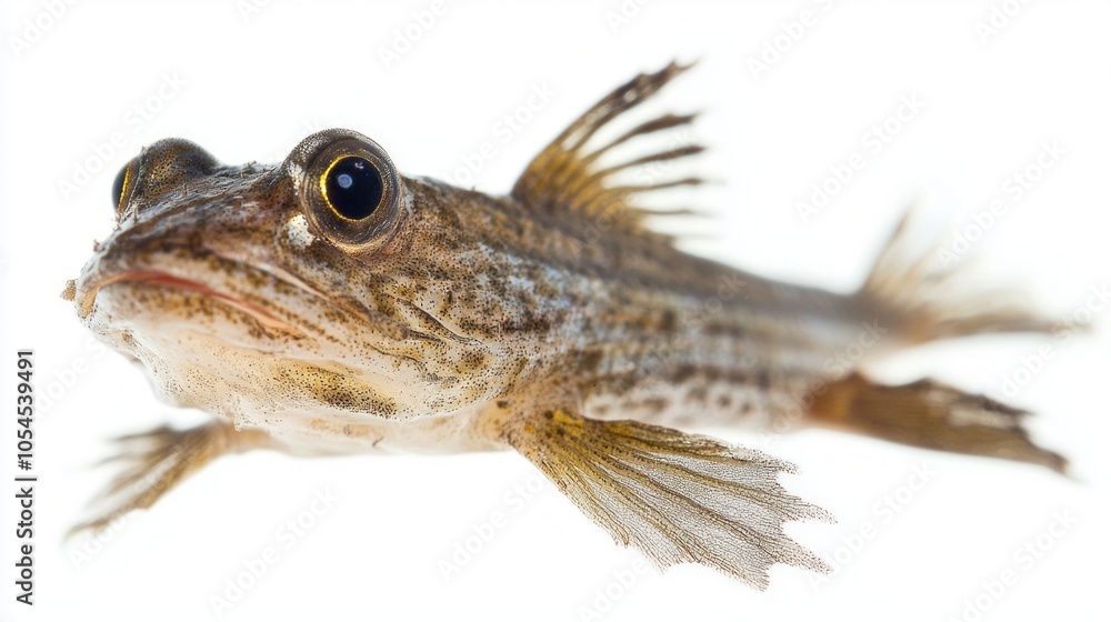 Mudskipper rests against a white background highlighting its ...