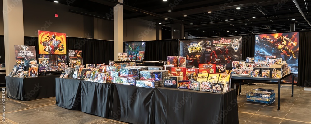 Comic convention setup with tables filled with colorful comics, posters ...