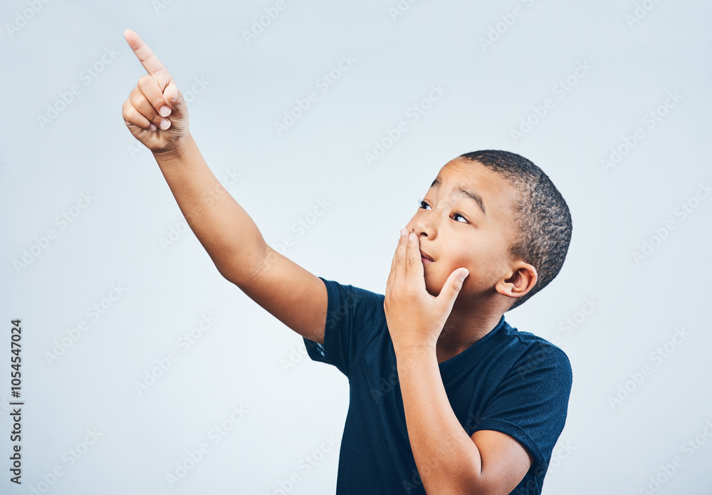 Boy, pointing and surprise with opportunity, choice and facial ...