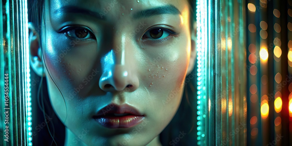 ภาพประกอบสต็อก Abstract woman portrait with glass texture. Glitched and ...