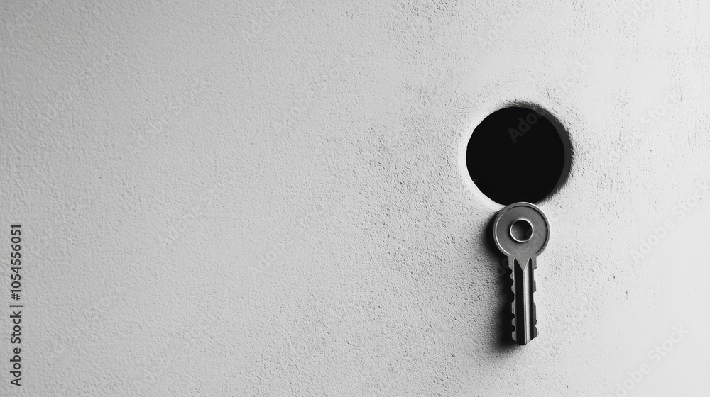 Keyhole and Key: A solitary key rests against a circular keyhole, its ...