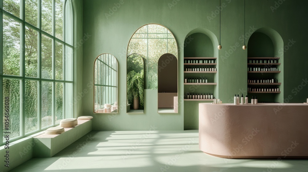 Minimalist Green Shop Interior Design with Arched Mirrors and a Pink ...