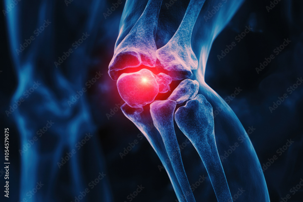 Close-up of a knee joint with x-ray, showing bones and cartilage in ...