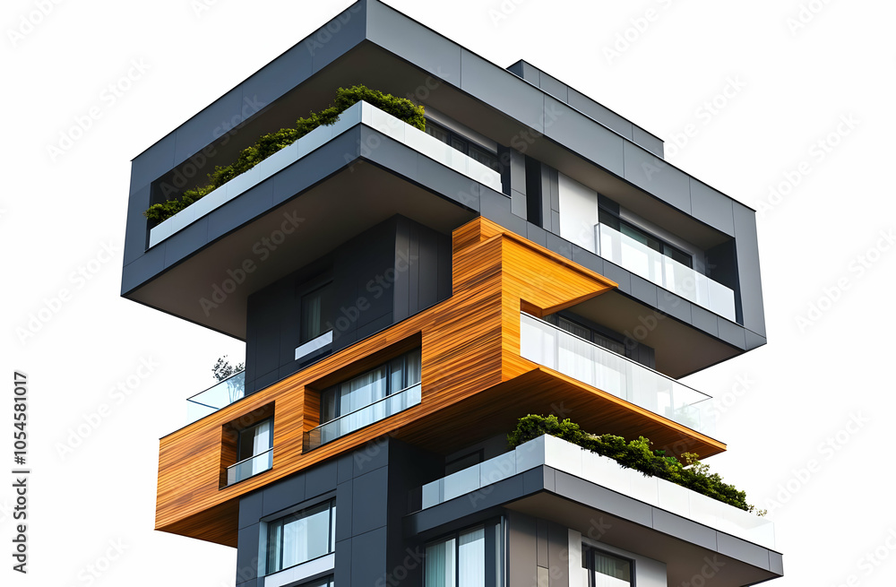 Modern architectural design featuring a multi-level building with ...