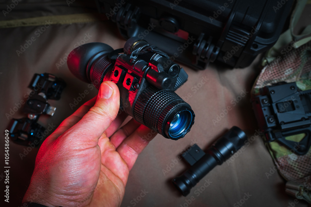 Military Night Vision Monocular in a man's hand, close-up photo. Stock ...
