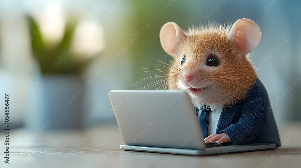 Entrepreneurial Mouse Wearing Business Suit and Typing on Tiny Laptop ...