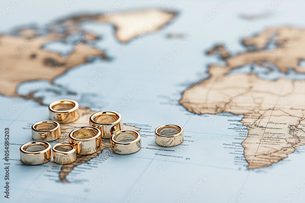 Gold rings scattered on a world map, symbolizing love, travel, and ...