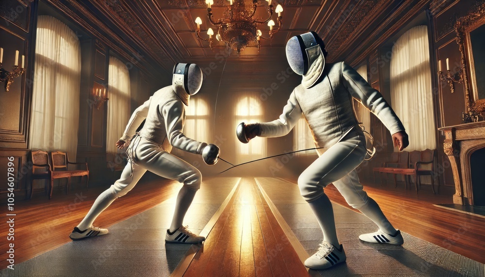 two fencers engaged in a duel within a luxurious, classic room Stock ...