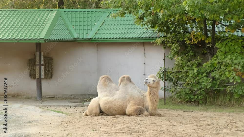 A serene Bactrian camel lies in a sandy enclosure, with a green-roofed ...