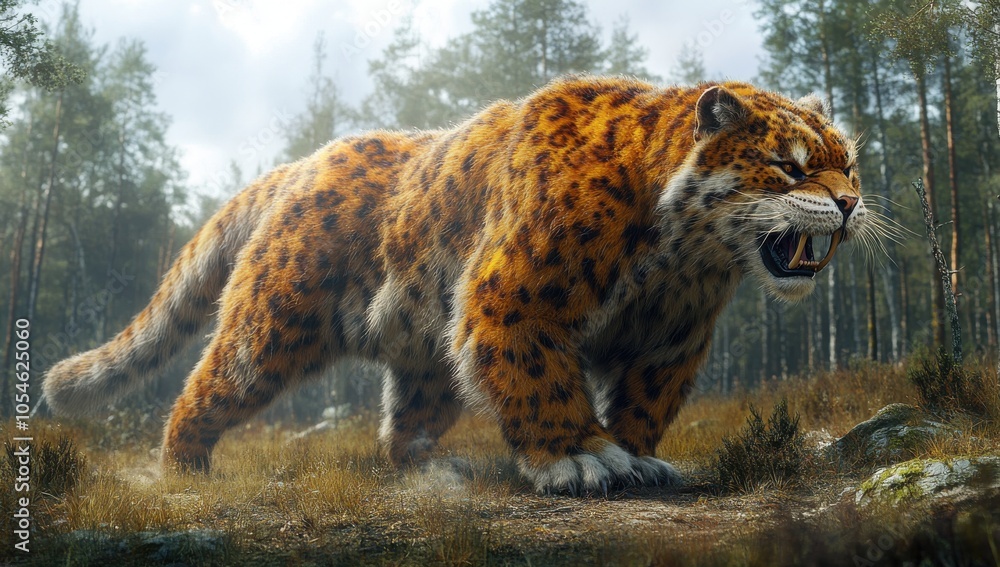 Realistic portrayal of a prehistoric cat in ancient forest Stock Photo ...