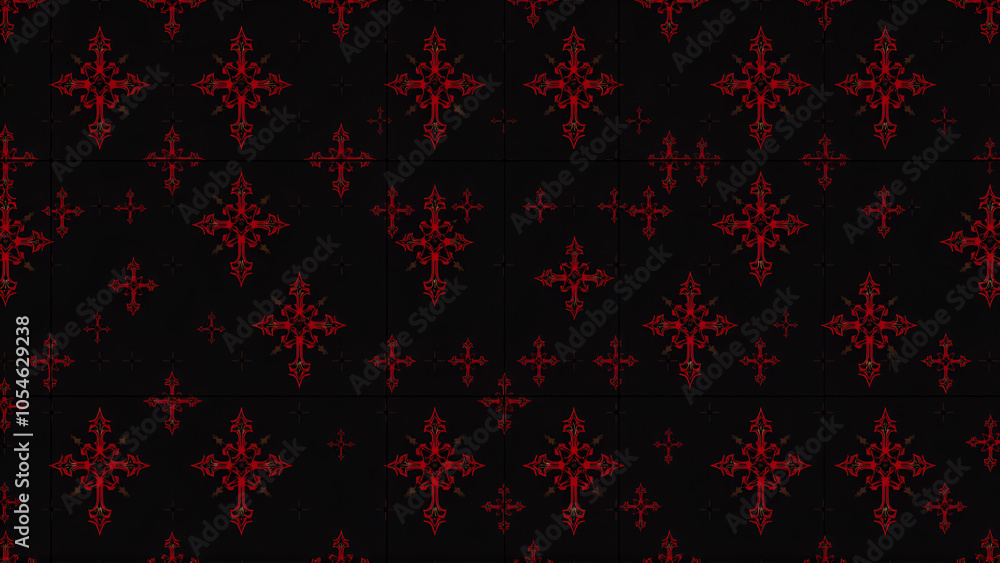Seamless texture, tiles of red gothic crosses, patterns on a dark ...