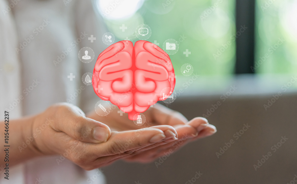 Hands holding brain icon with medical healthcare symbols floating ...
