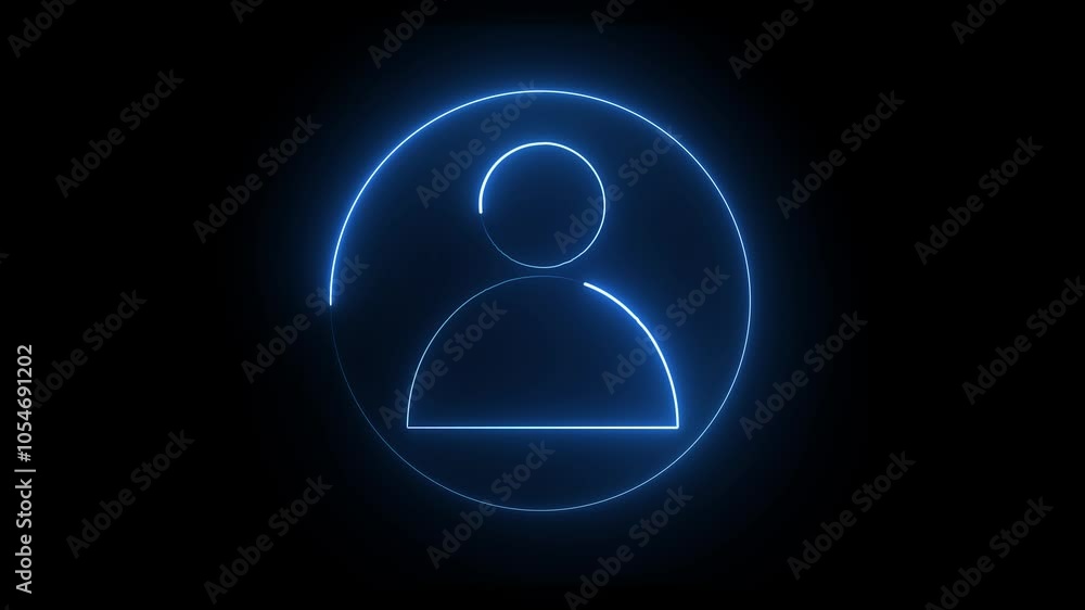 Glowing neon person sign, outline round avatar pictogram in vivid color ...