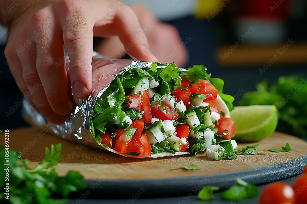 A burrito being tightly wrapped in foil on a kitchen counter, capturing ...