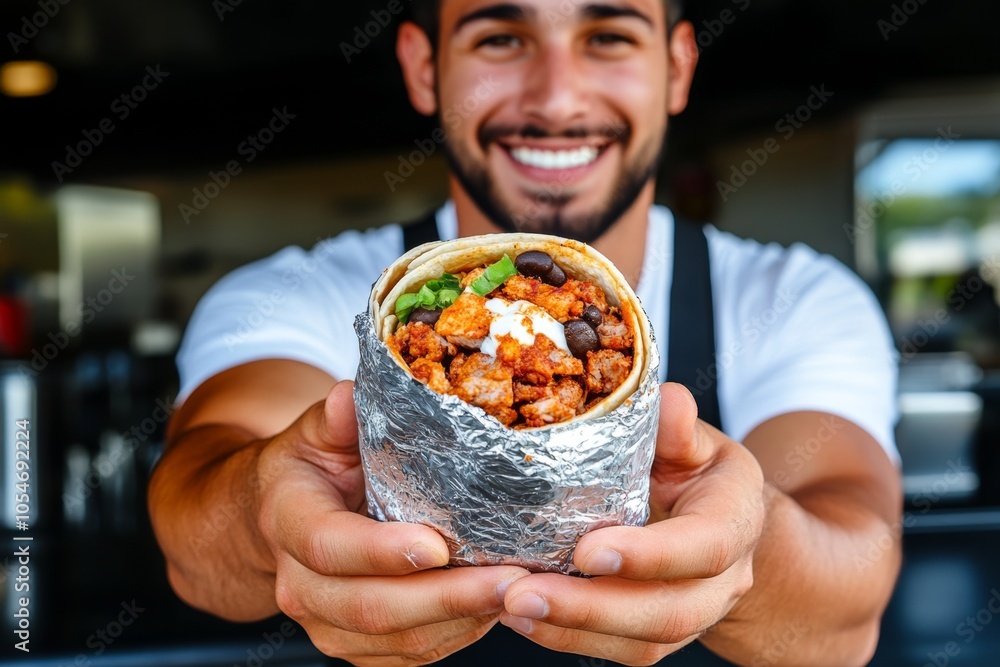 A burrito being tightly wrapped in foil on a kitchen counter, capturing ...