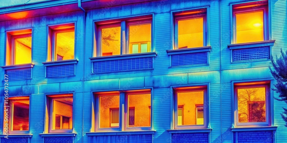 Infrared thermal imager showing heat loss on building facade and ...