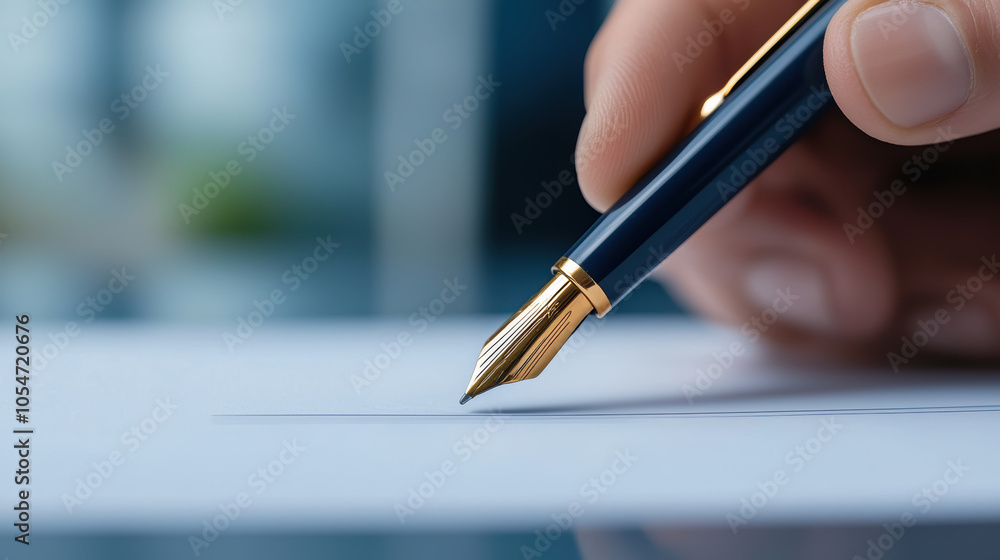 Hand holding fountain pen poised to write on blank sheet of paper ...