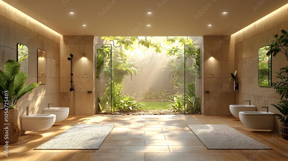 Clean modern public restroom facility designed with a focus on hygiene ...
