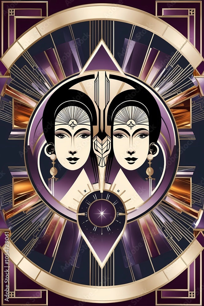 Gemini Zodiac Astrology Symbol - Art Deco Twins Illustration with Fine ...