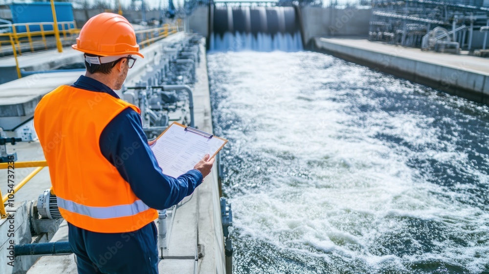 A worker in safety gear inspects water flow at a wastewater treatment ...