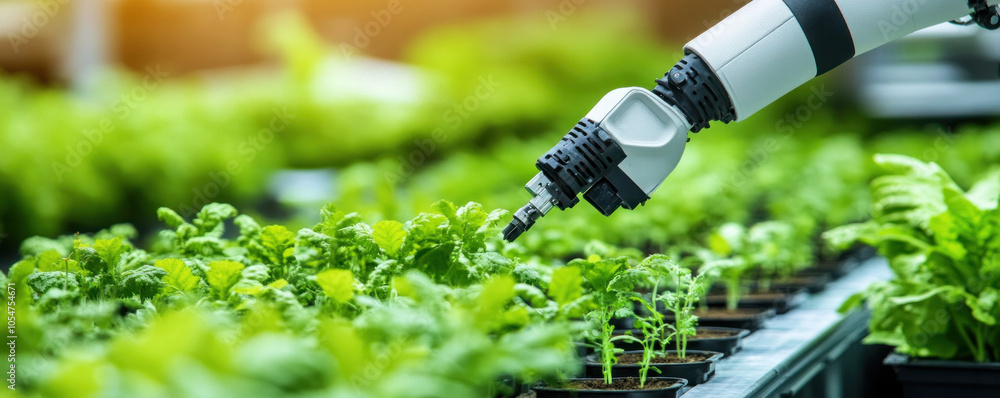 A robot is watering plants in a greenhouse. The plants are green and ...