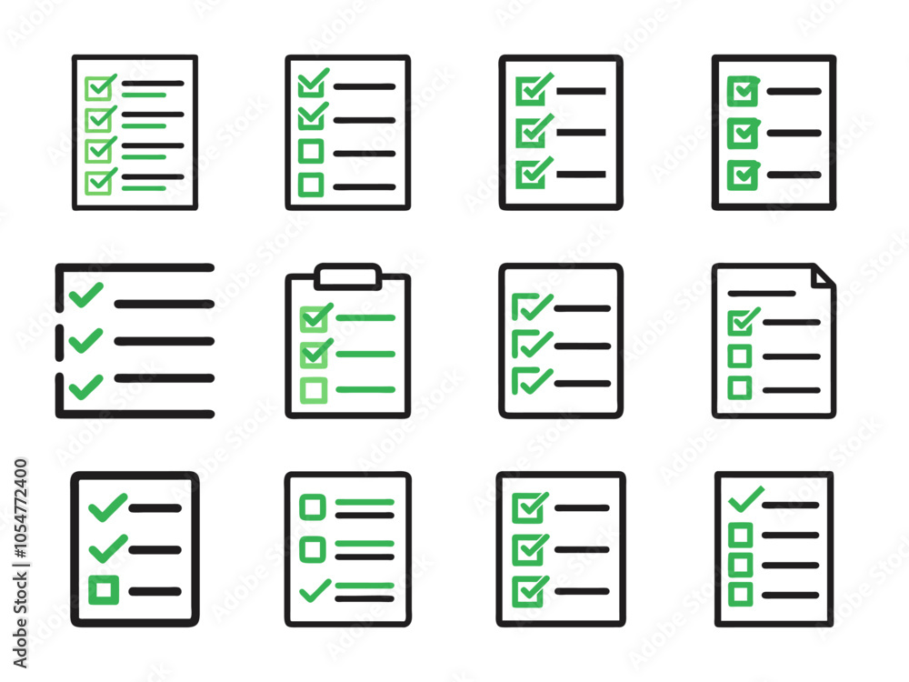 Set of checklist icons with clipboard, document, checkmark, and ... Set of checklist icons with clipboard, document, checkmark, and ...
