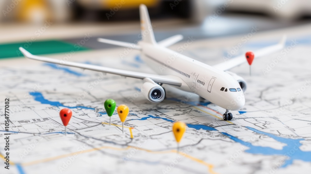 Airplane model placed over a map with multicolored pins marking travel ...