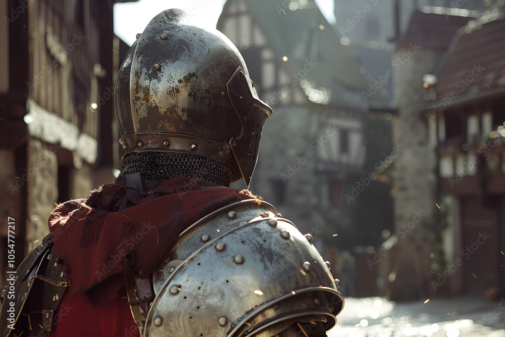 Medieval knight in armor, back view, walking through old city streets ...
