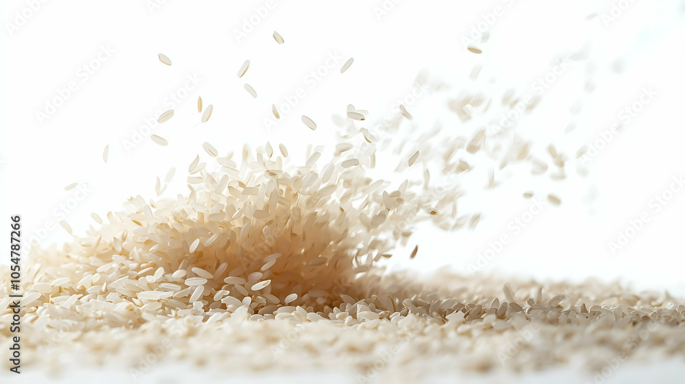 Falling Uncooked Rice Grains on White Background - A cascade of ...