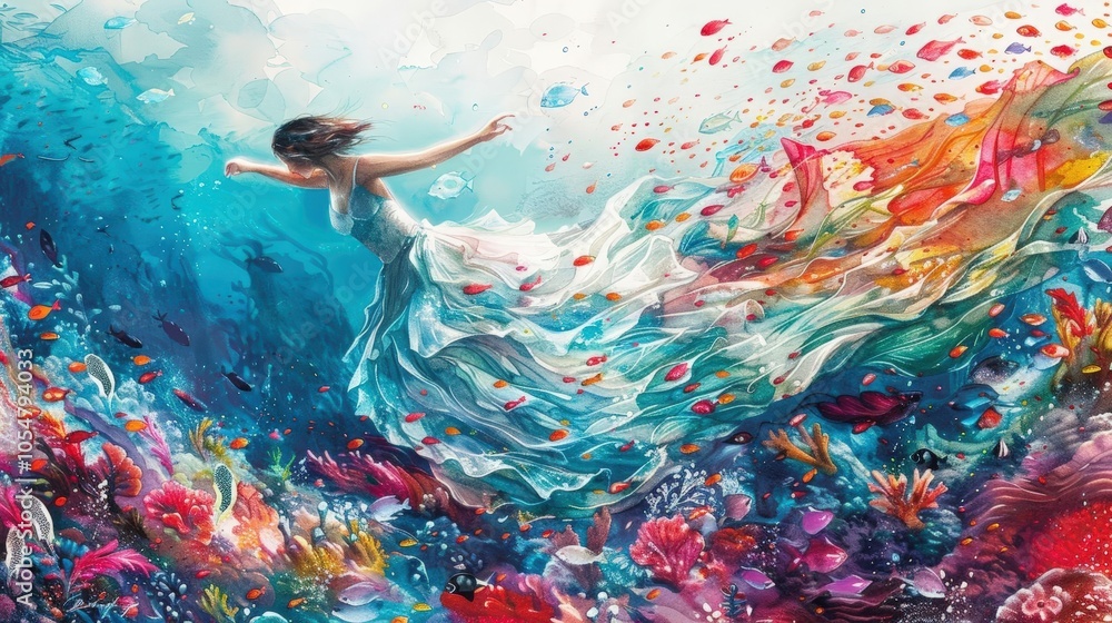 Explore a serene underwater scene in brilliant watercolors, showcasing ...