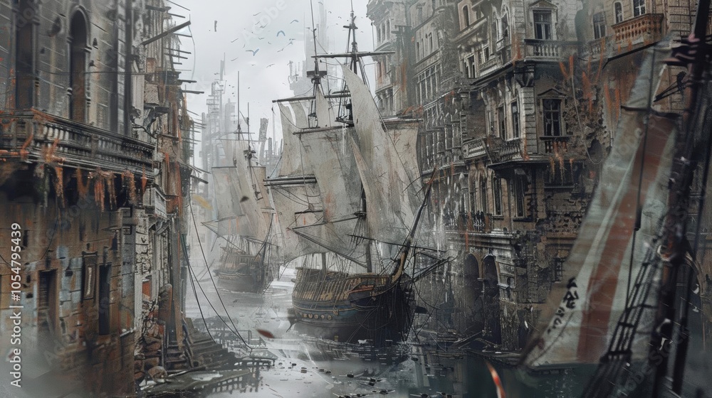 Illustrate a surreal scene where ancient sailing ships navigate through ...